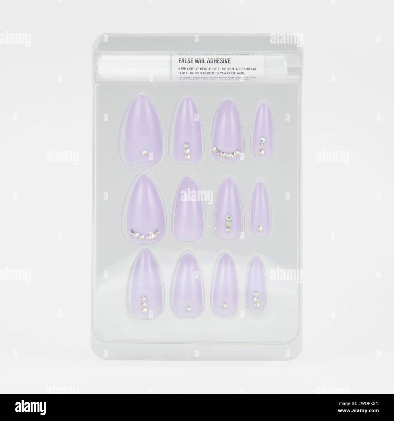 realistic set of colored false nails adhesive isolated on white ...