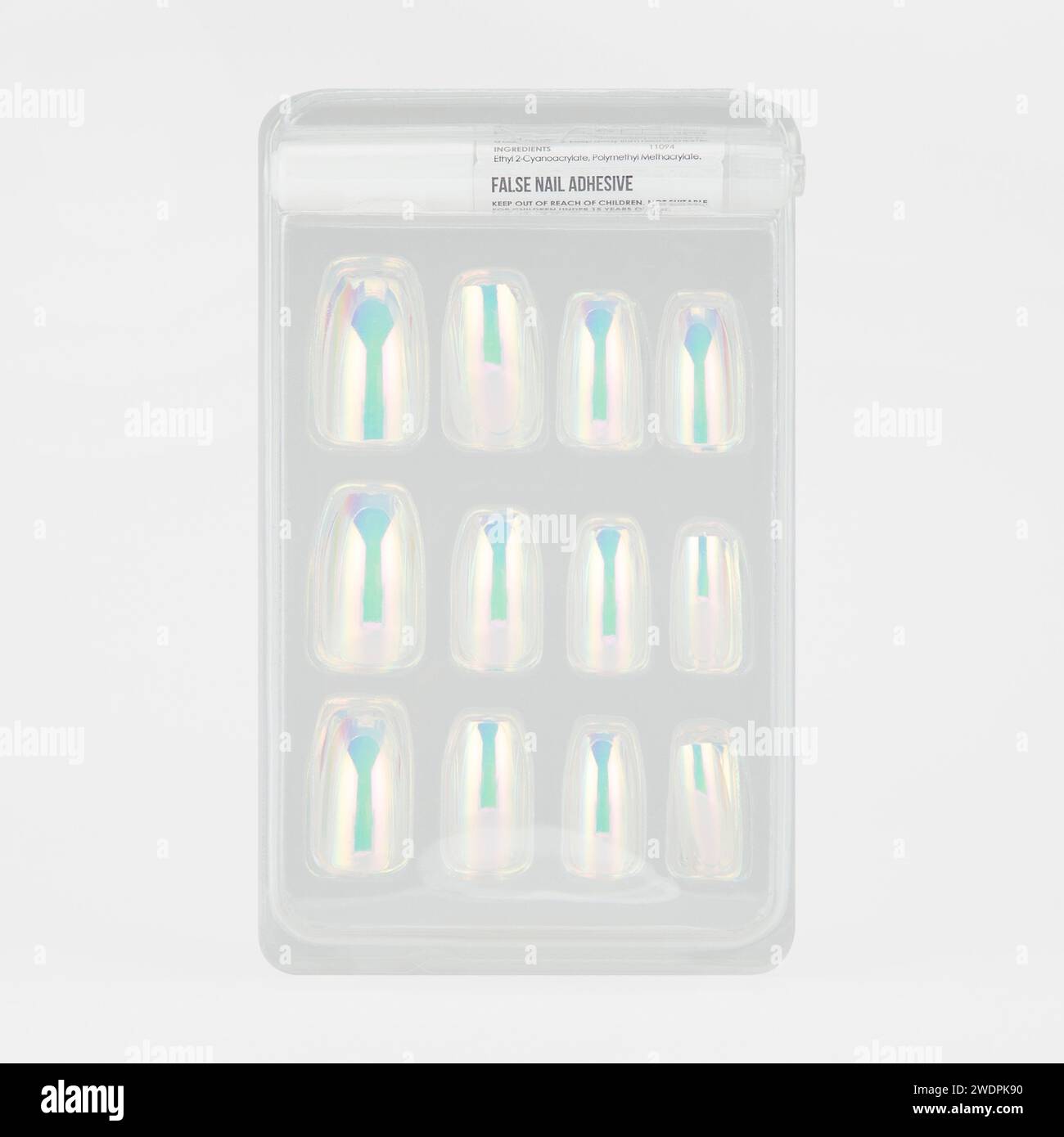 realistic set of colored false nails adhesive isolated on white ...