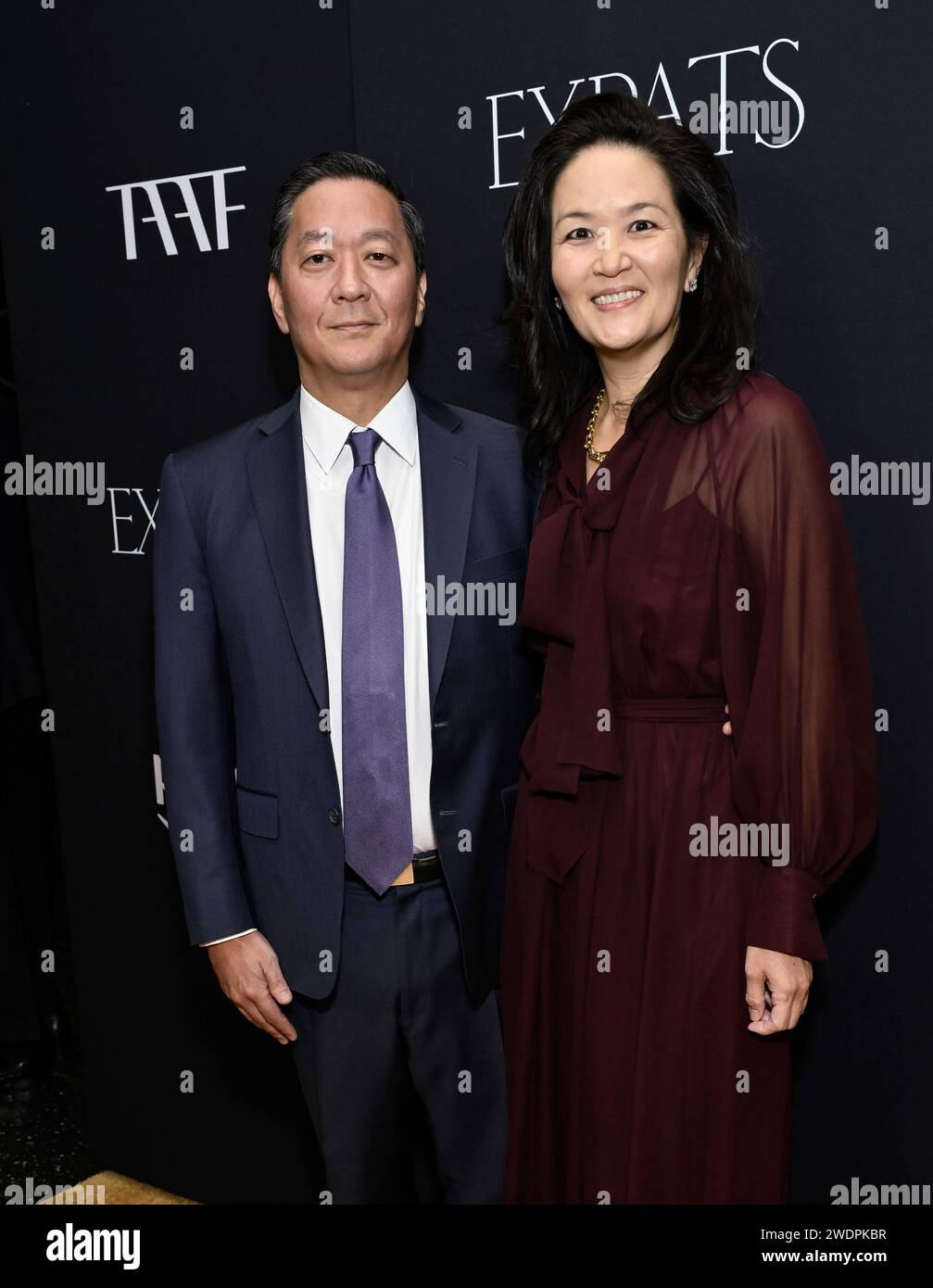 Joseph Bae, left, and Janice Y. K. Lee attend the premiere of "Expats ...