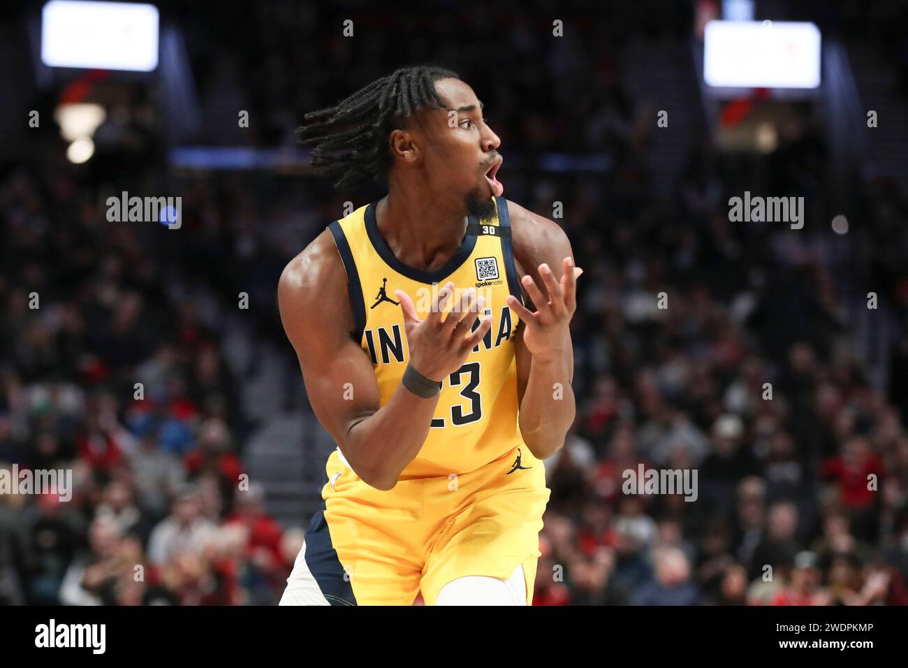 Indiana Pacers forward Aaron Nesmith (23) reacts to a call during the ...