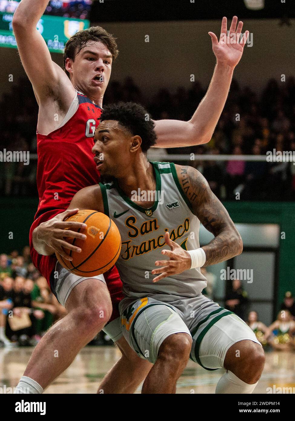 January 20 2024 San Francisco CA, U.S.A. San Francisco guard Malik Thomas (1)looks to pass the ...