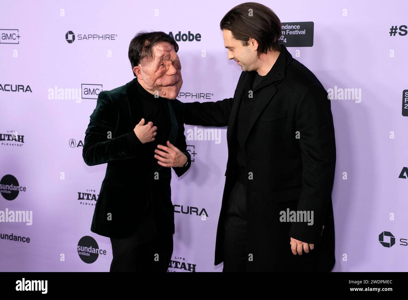Adam Pearson, left, and Sebastian Stan attend the premiere of "A ...