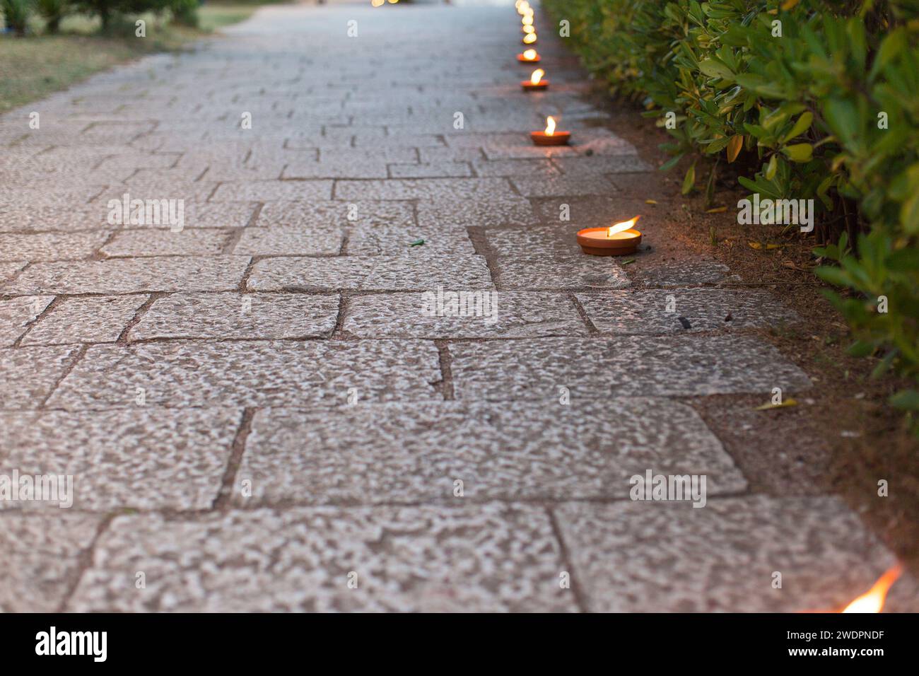 pedestrian walkway decorated with candles in the evening Stock Photo ...