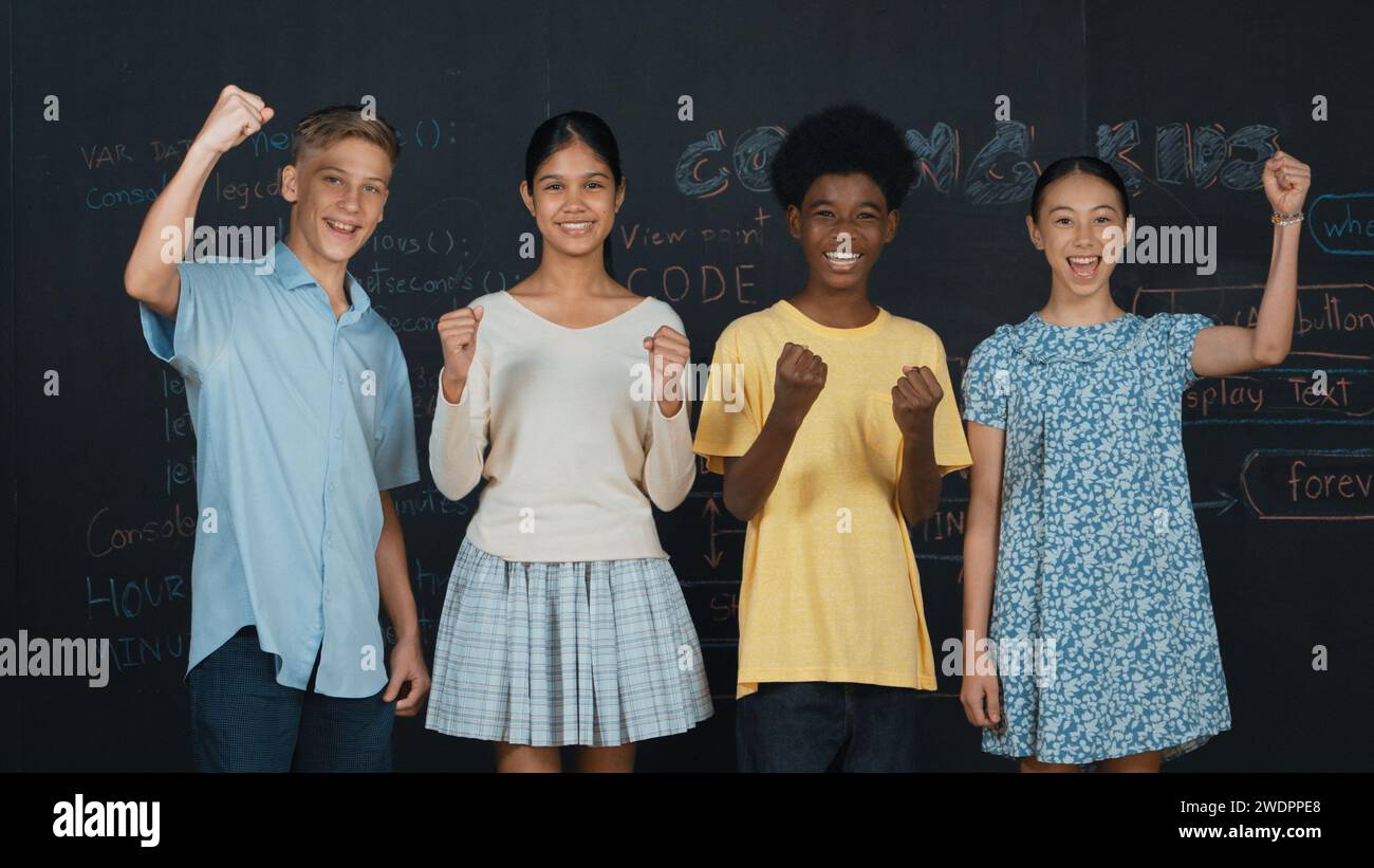 Diverse academic student cheering and celebrate successful project ...