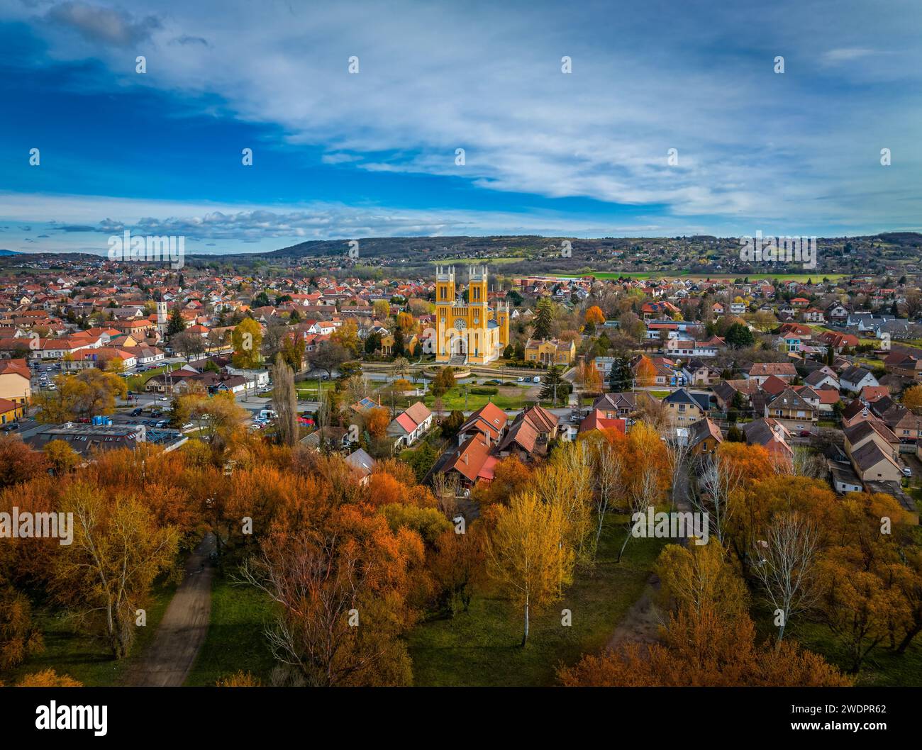 Fot, Hungary - Aerial view of the Roman Catholic Church of the ...