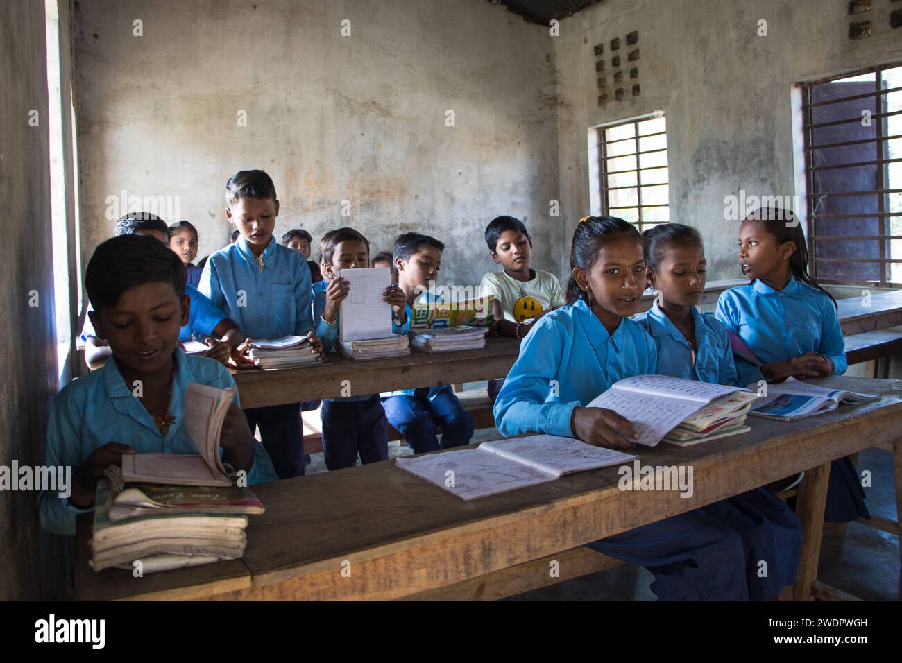 Fifth-grade pupils at their classes. Sri Janata Adharbhut School of Mahottari District, Nepal ...