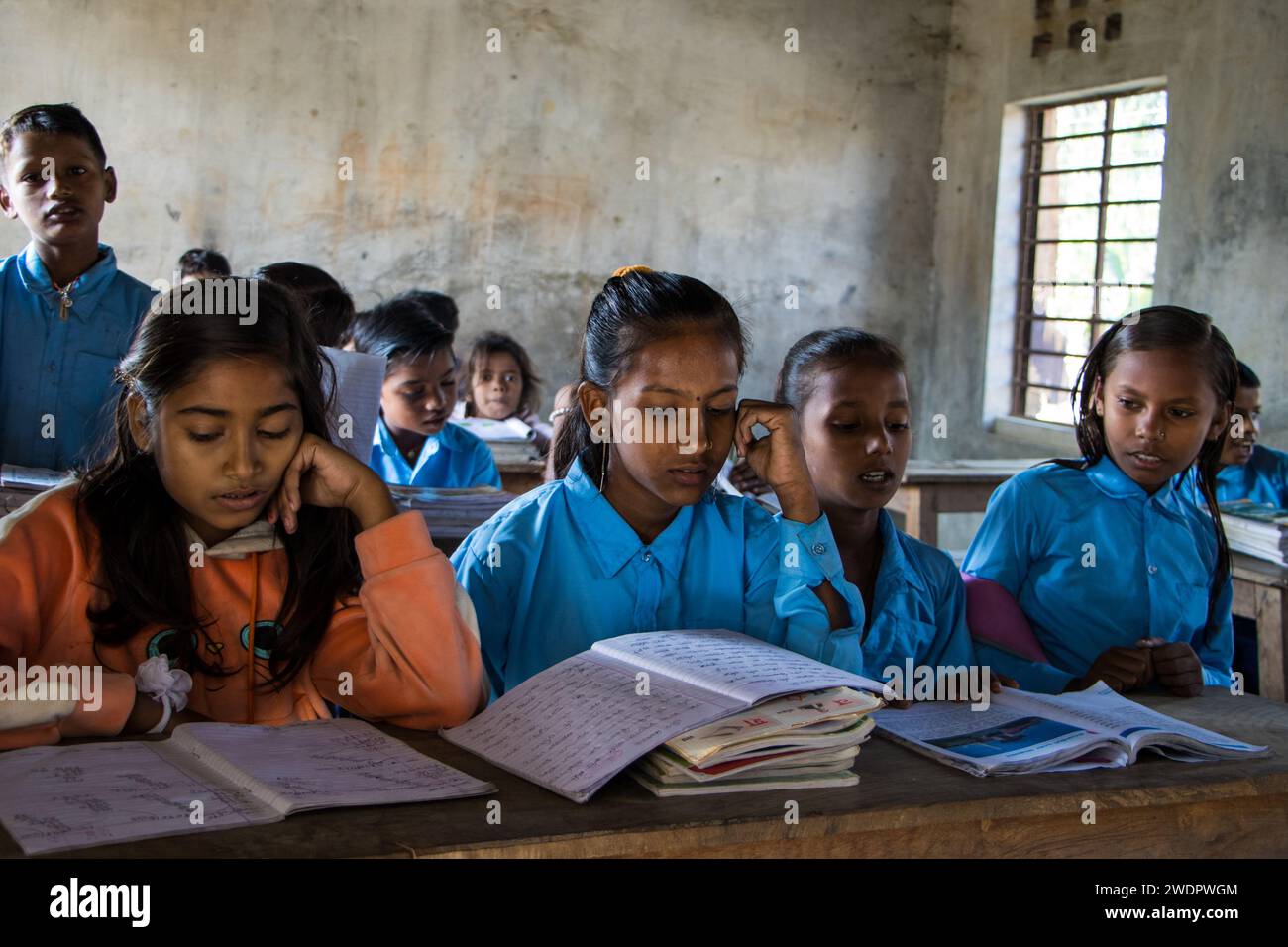 Fifth-grade pupils at their classes. Sri Janata Adharbhut School of Mahottari District, Nepal ...