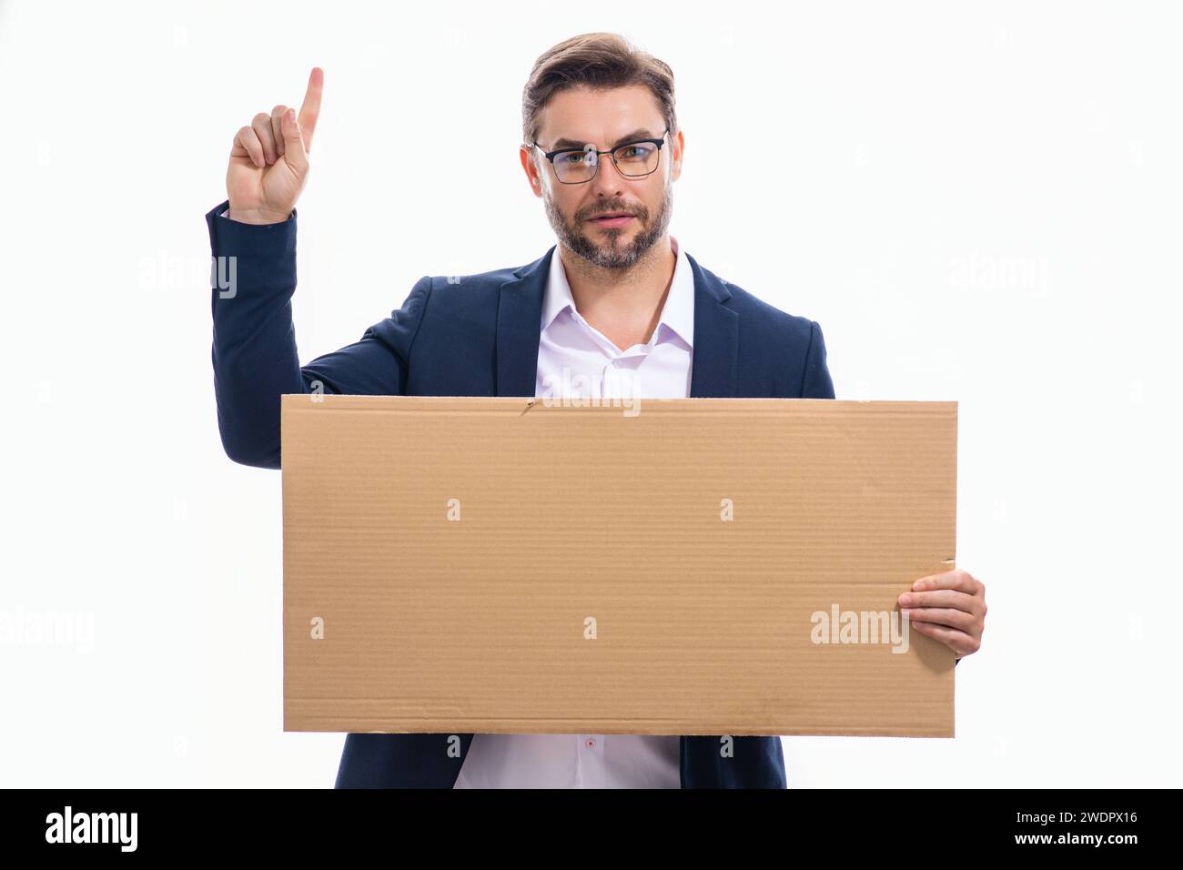 Man holds the sign, blank card. Placard ready for your product. Sign to ...