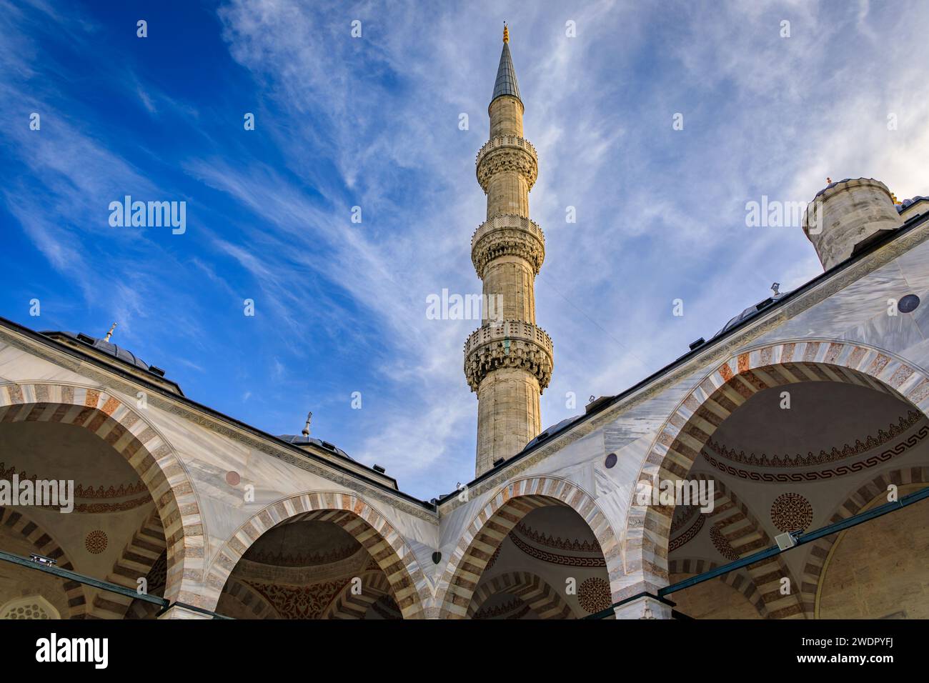 Minaret and internal courtyard of the Sultan Ahmed or the Blue Mosque ...