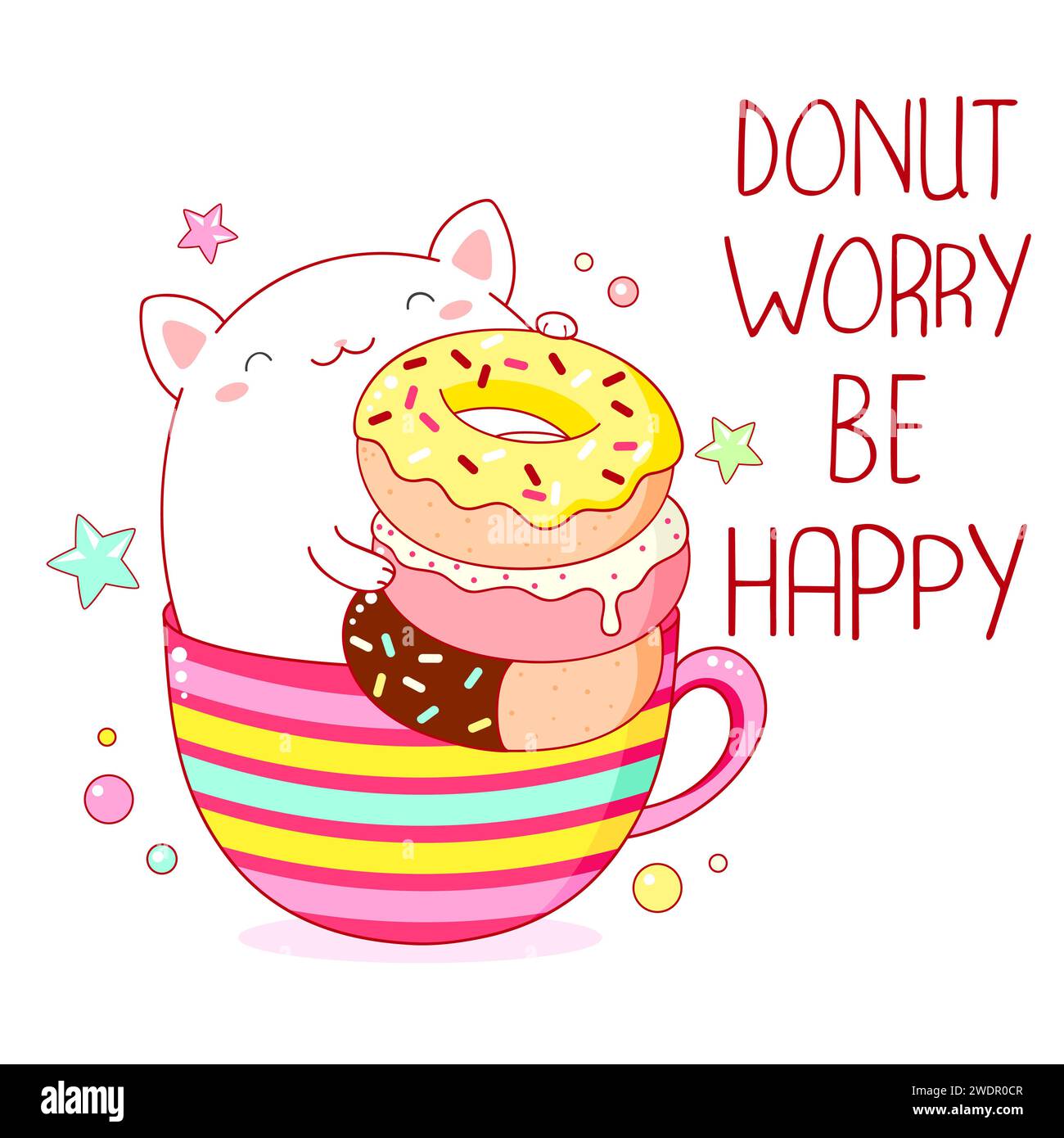 Donut worry be happy t shirt design with cute cat with donut in kawaii ...