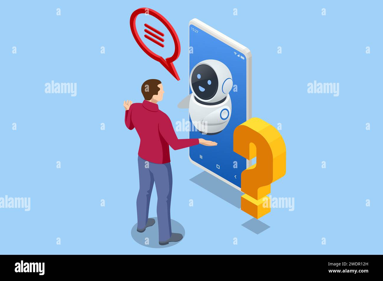 Isometric Question Marks Message Box With Question Chatbot Technology