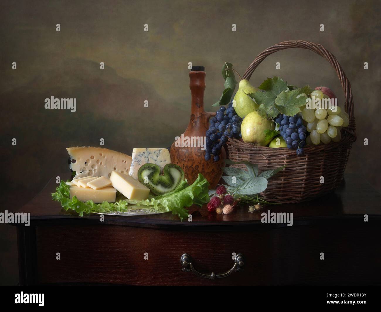 Still life with cheese and fruits Stock Photo - Alamy