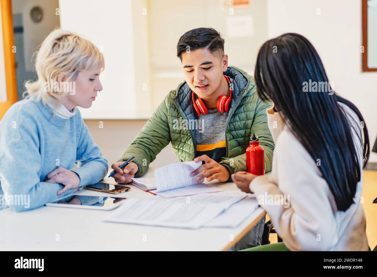 Diverse group of focused students discussing academic work in a ...