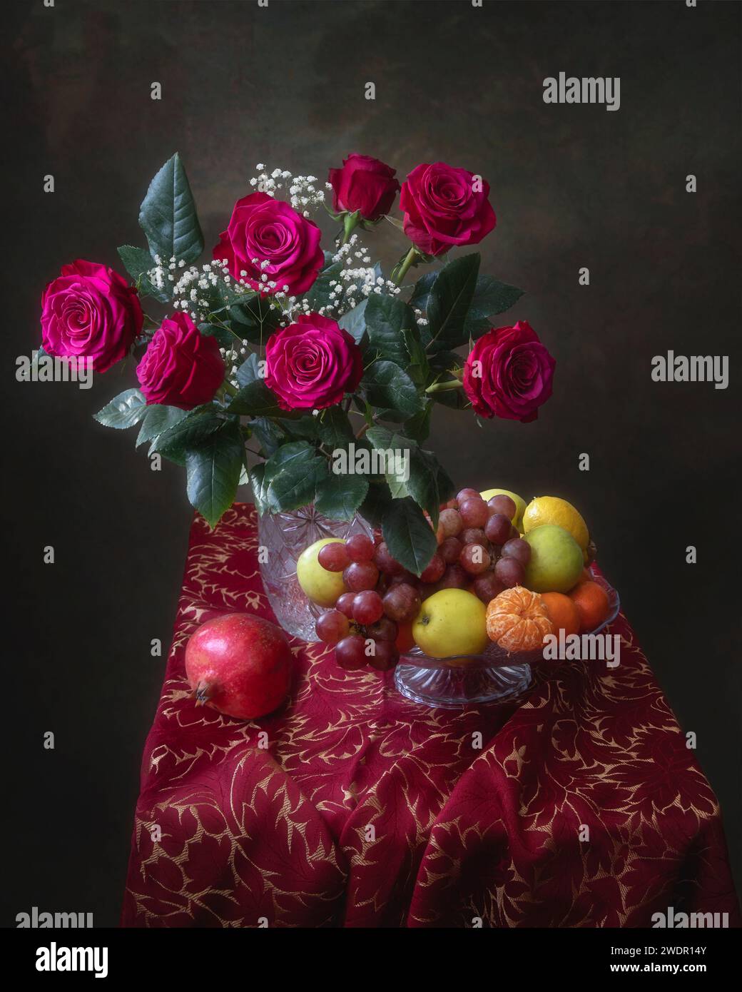 Still life with roses and fruits Stock Photo - Alamy