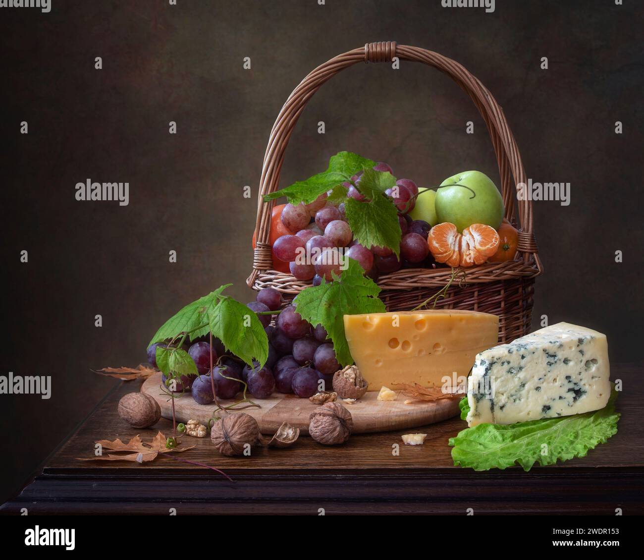 Still life with cheese and fruits Stock Photo - Alamy