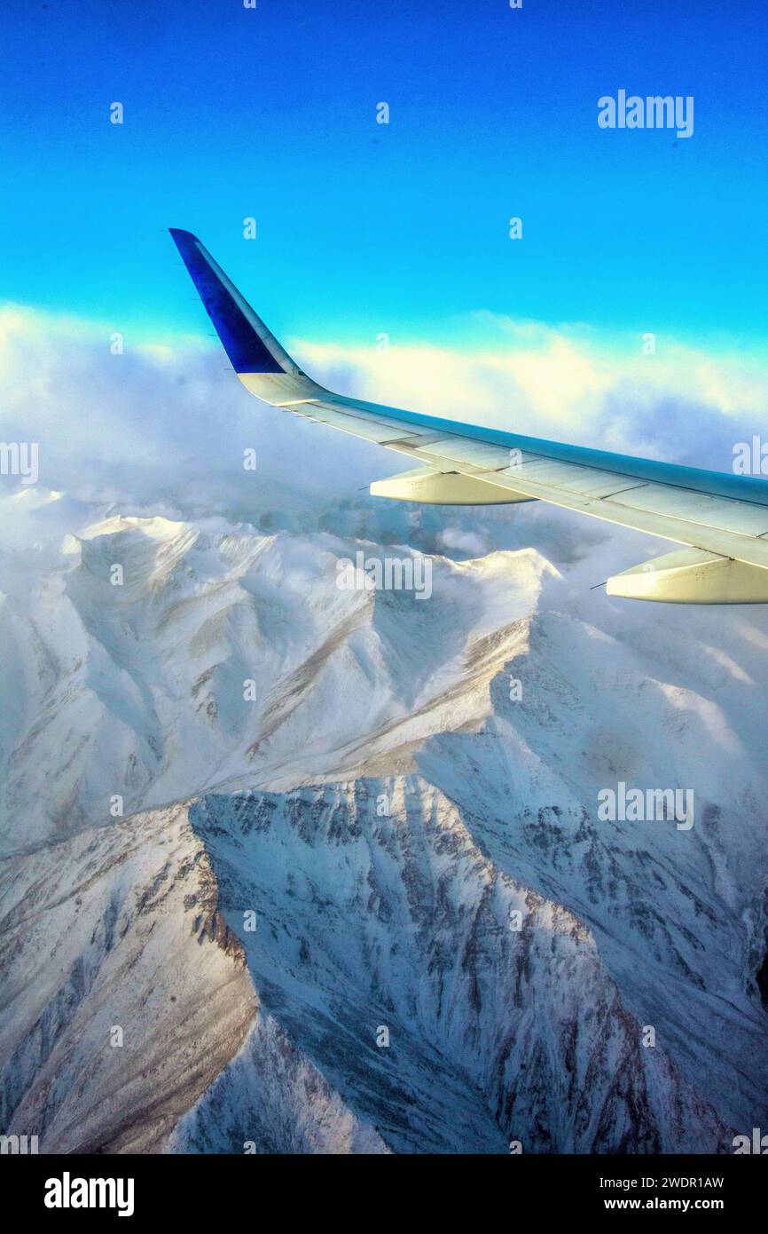 Aeroplane flying over Himalaya snow peak mountains, Leh, Ladakh ...