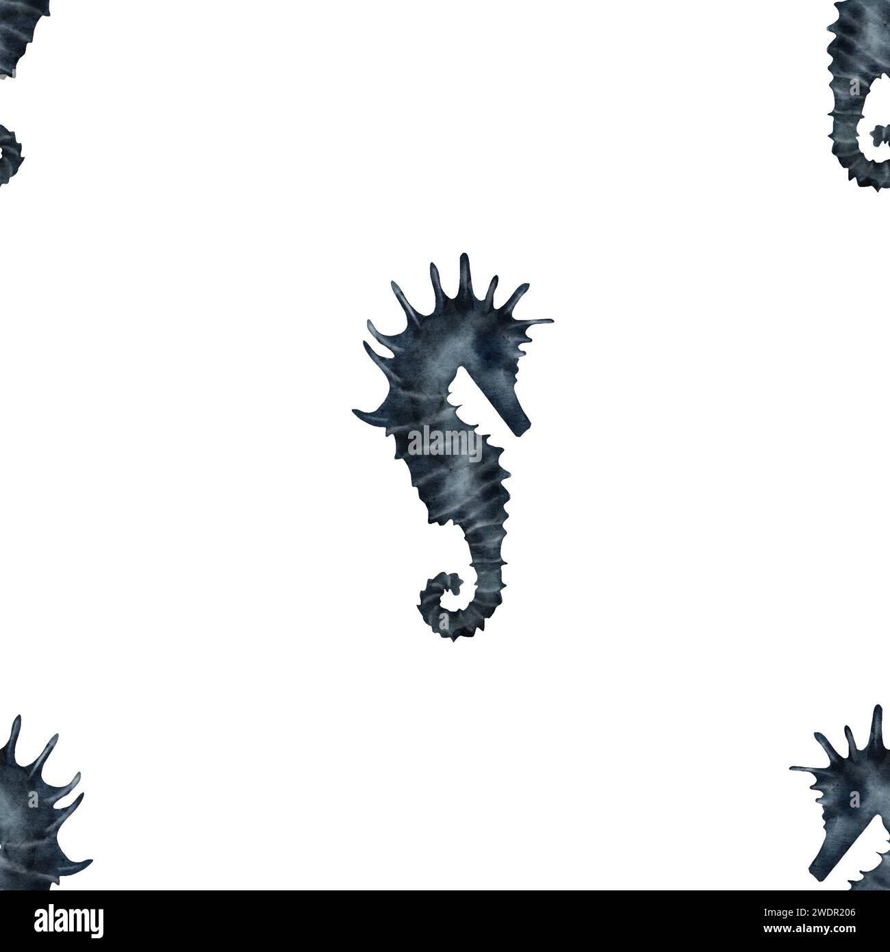 Watercolor seahorse pattern on a white background. Hand drawn ...