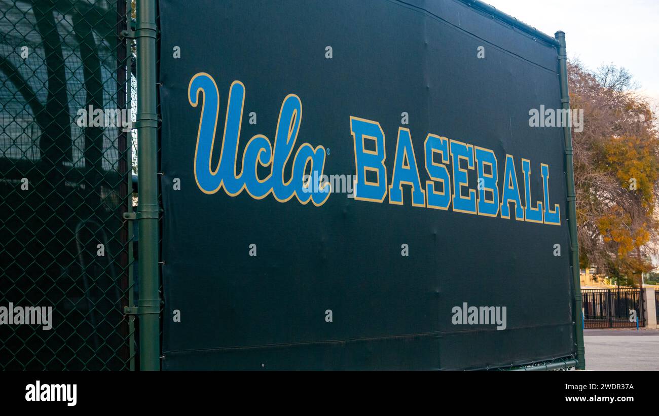 UCLA Baseball logo on a stadium fence. Banner at Jackie Robinson ...
