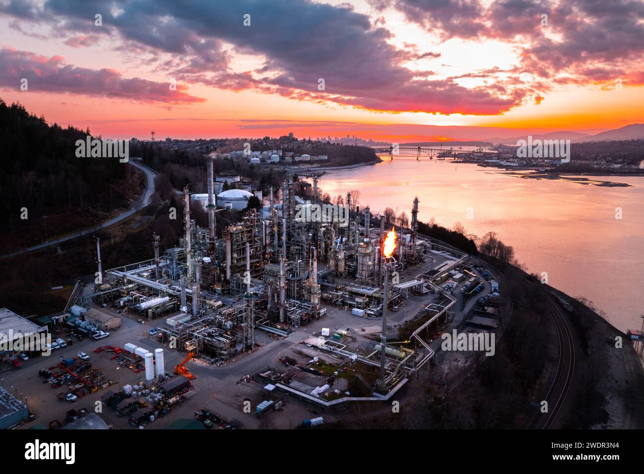 Oil refinery aerial view, distillation tower, gas production, smoke ...