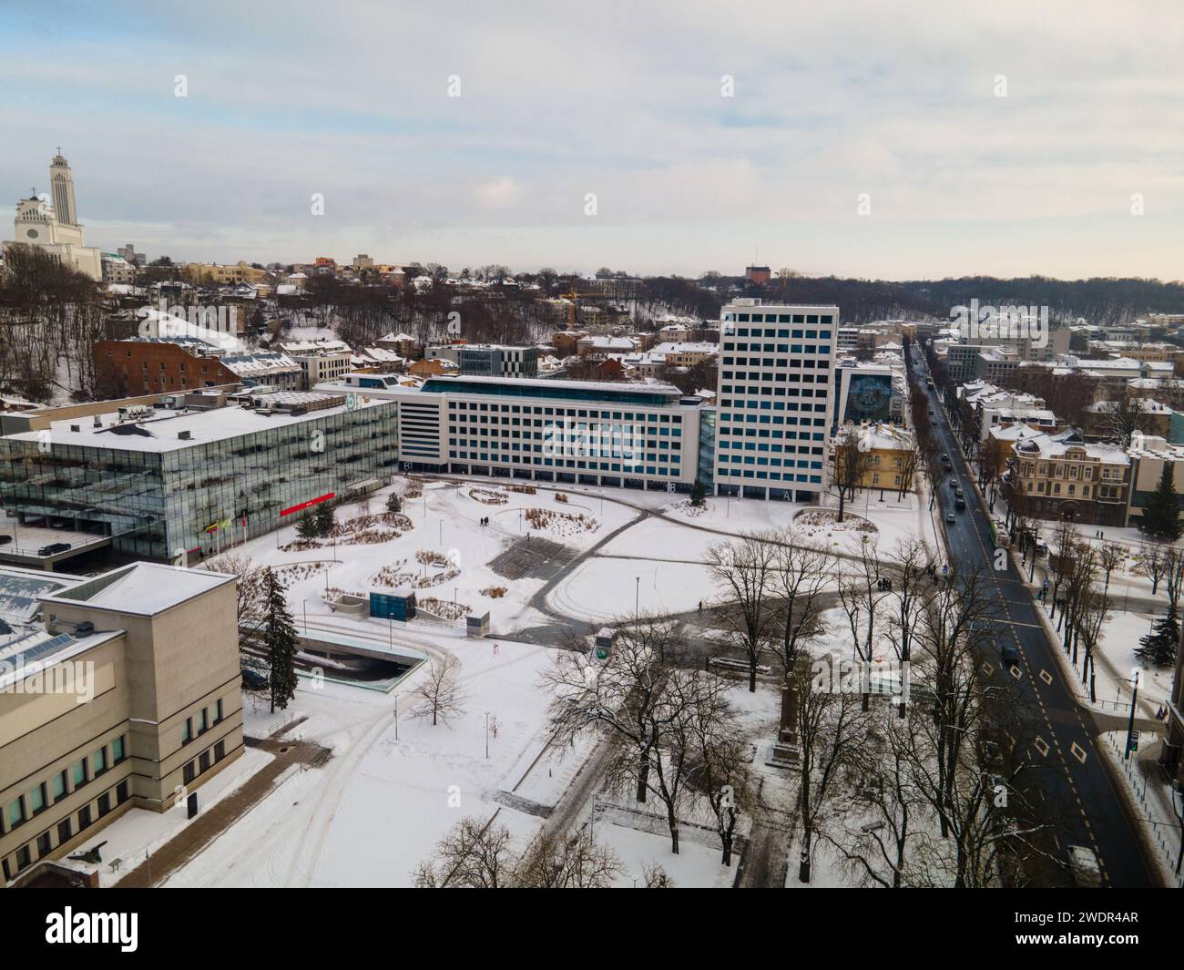 An aerial view of Unity square with office buildings in Kaunas ...