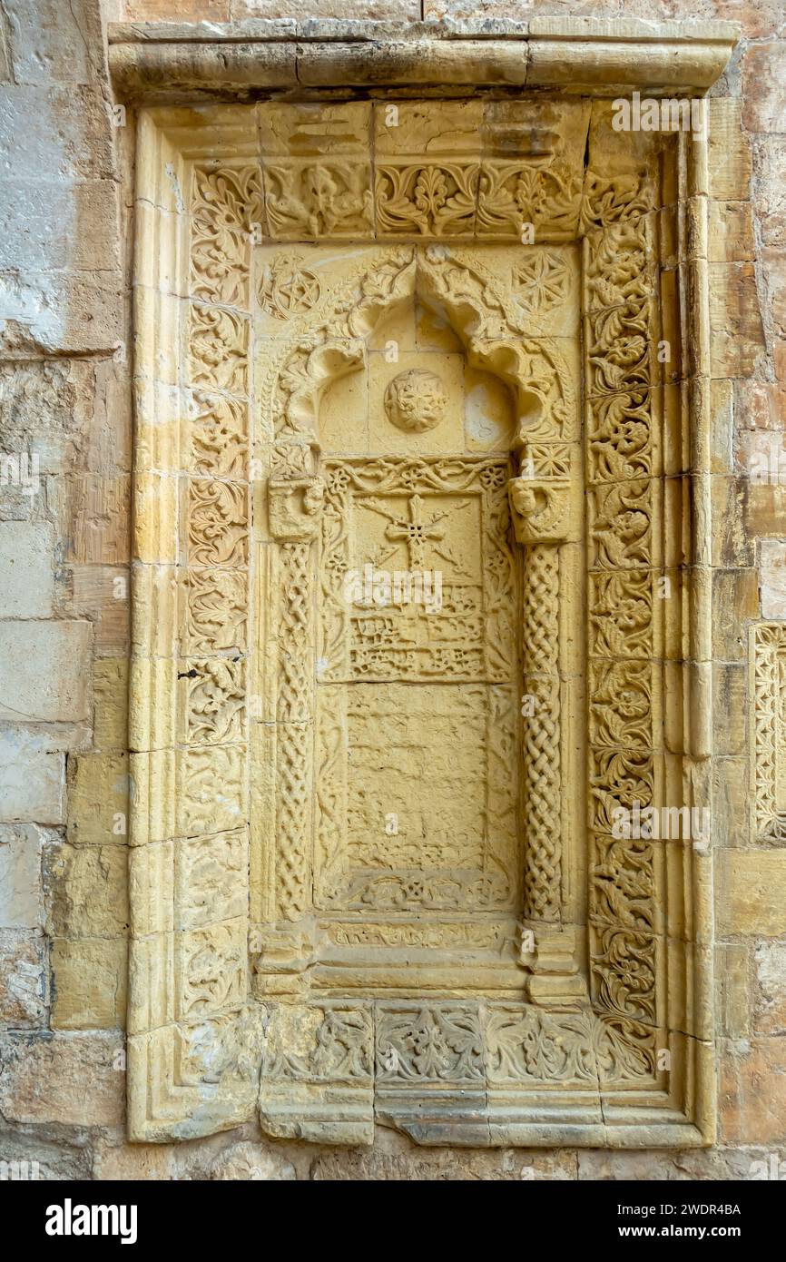 Engravings bas reliefs on Mor Behnam (Kırklar Kilisesi): old Syriac ...