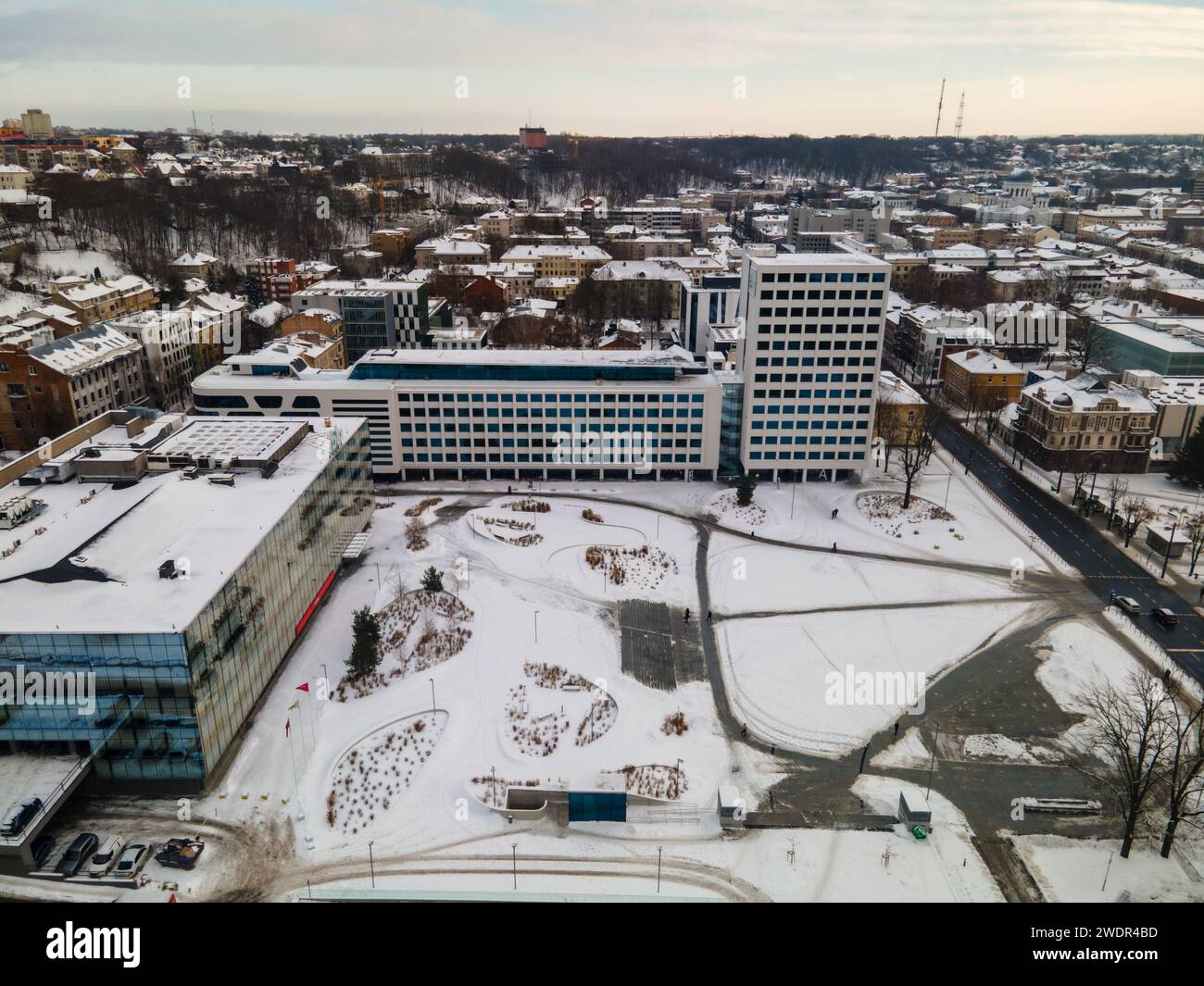 An aerial view of Unity square with office buildings in Kaunas ...