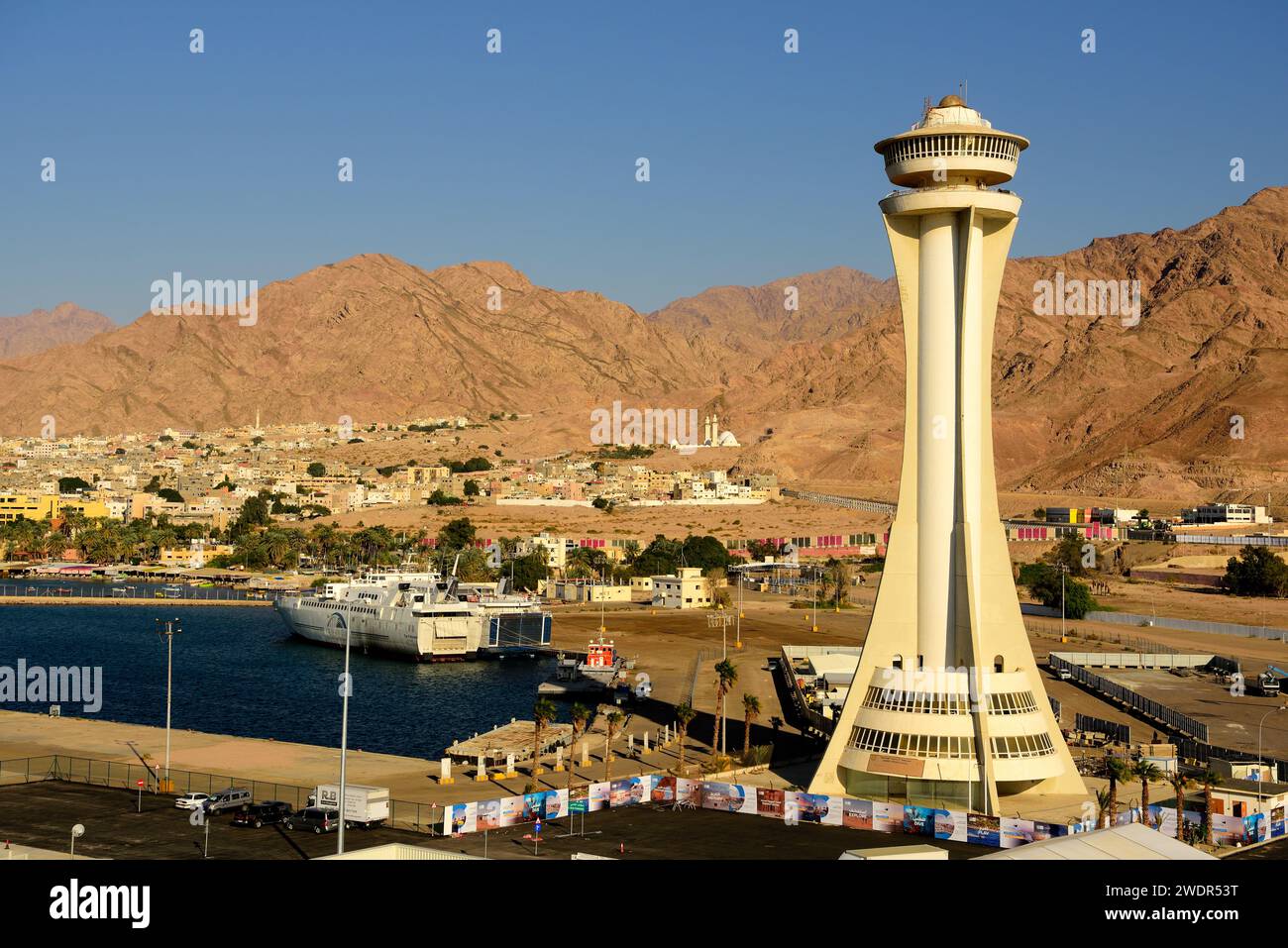 Harbour, tower, city, Sheikh Zayed Mosque, Aqaba, mountains, desert ...
