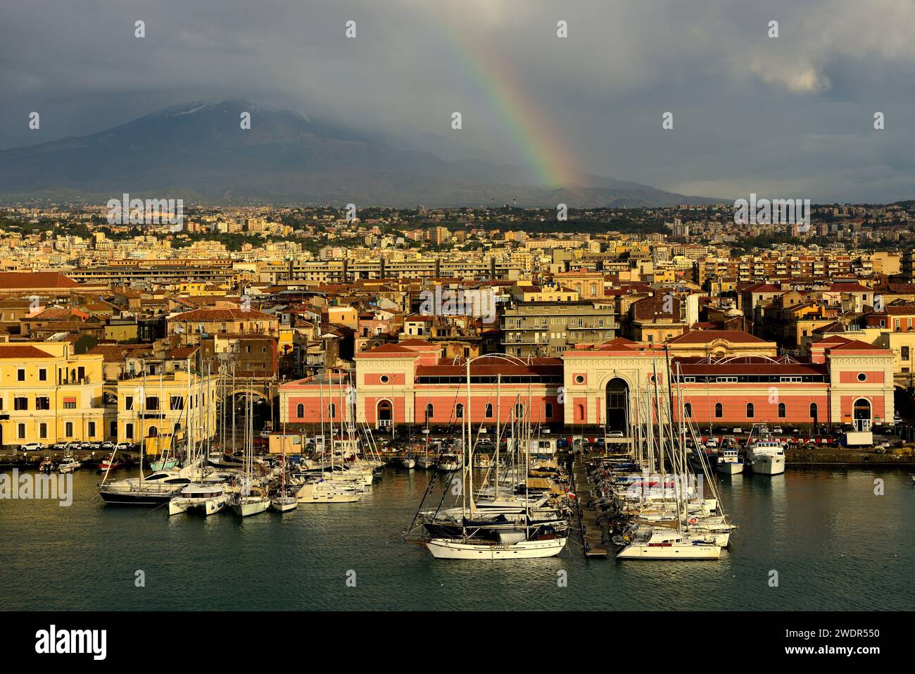 Catania, city, harbour, Mount Etna, volcano, rainbow, Sicily ...