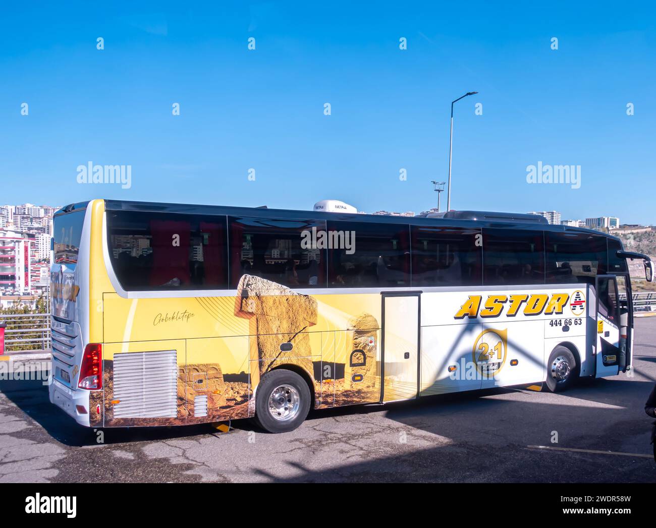 Colorfully designed painted with landmarks bus of Astor bus company ...