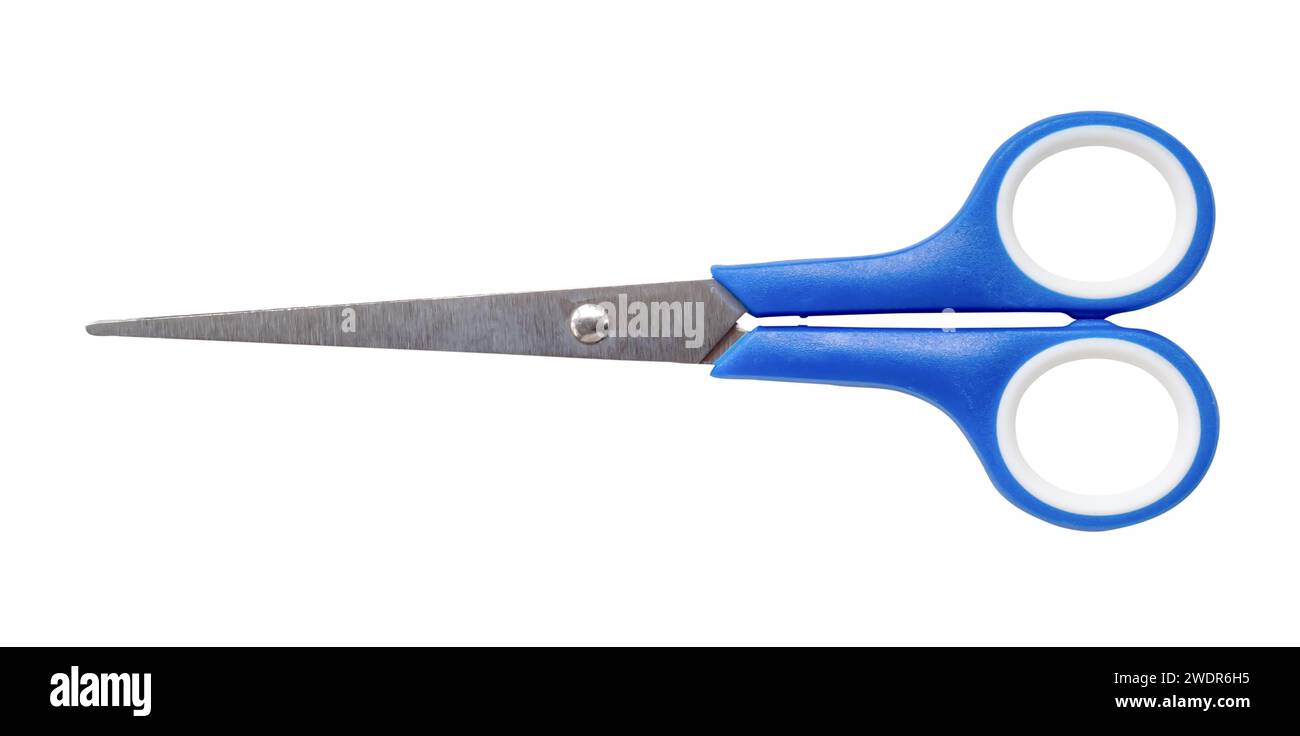 Small multipurpose scissors with blue handle is isolated on white ...