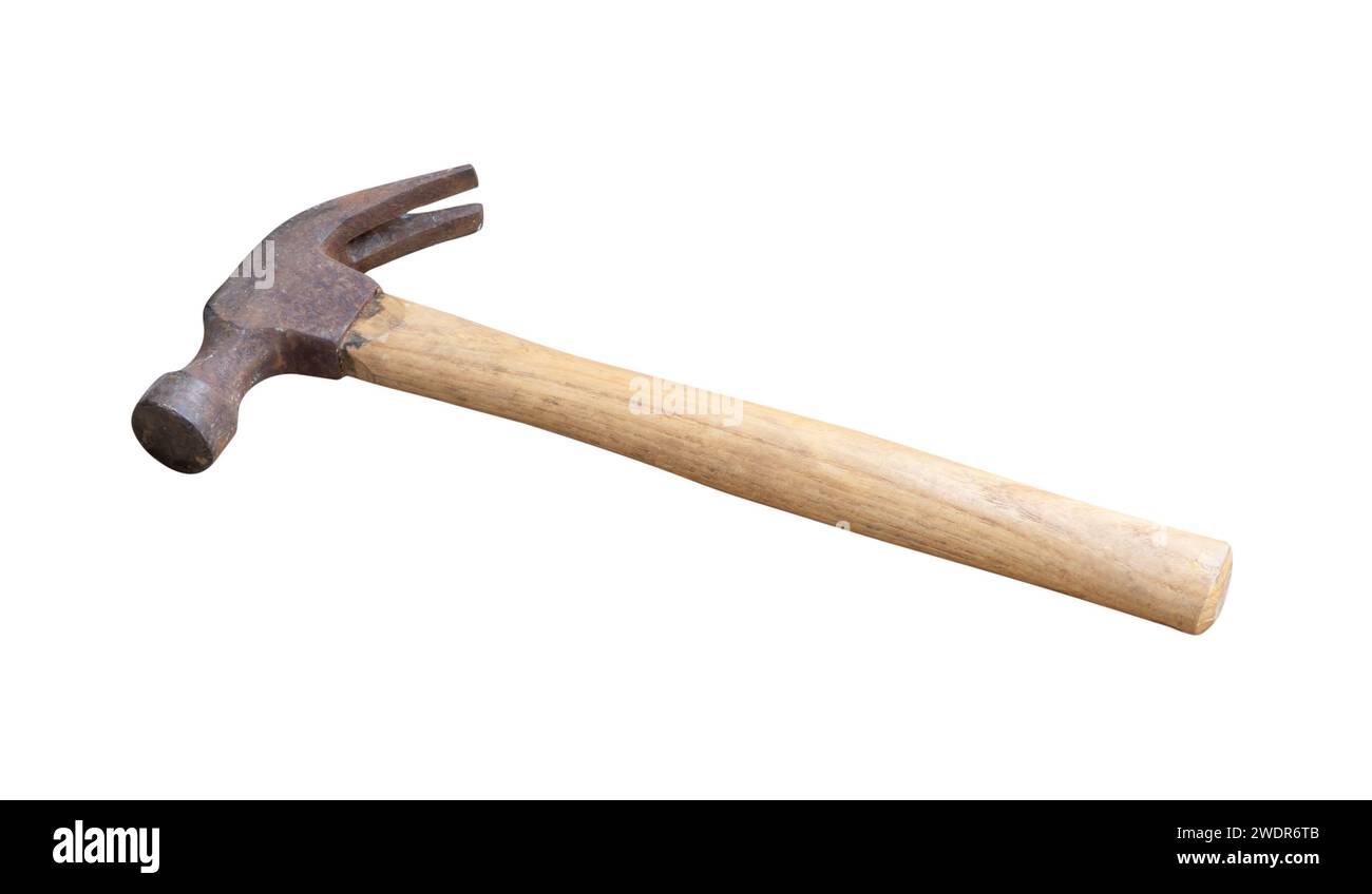 Small old hammer with wooden handle is isolated on white background ...