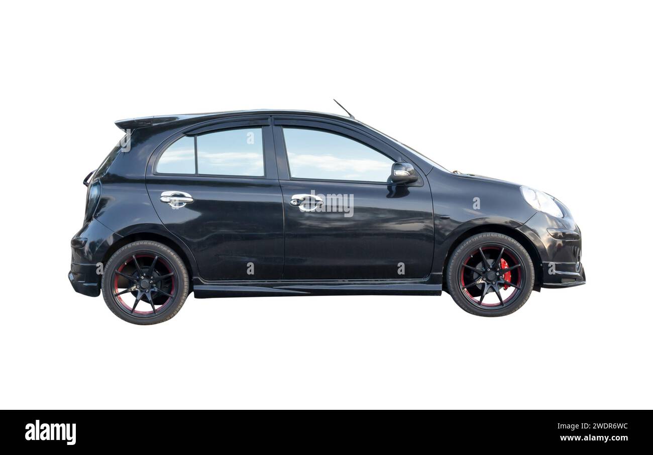 Single lovely small black hatchback car is isolated on white background ...