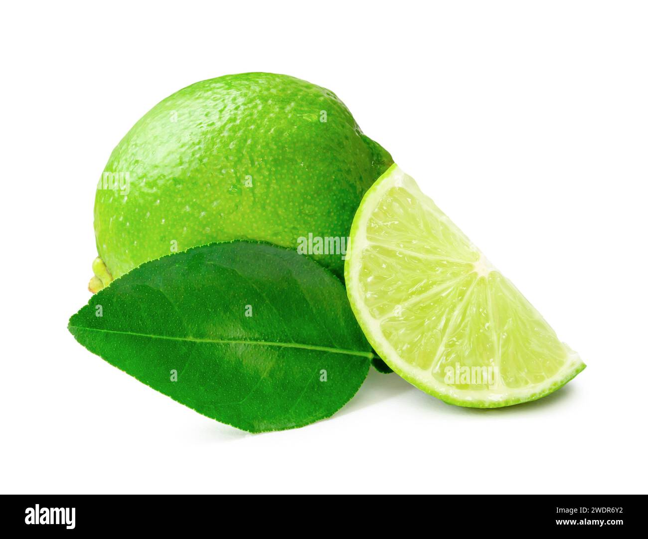 Front view of green lemon fruit with slice or quarter is isolated on ...