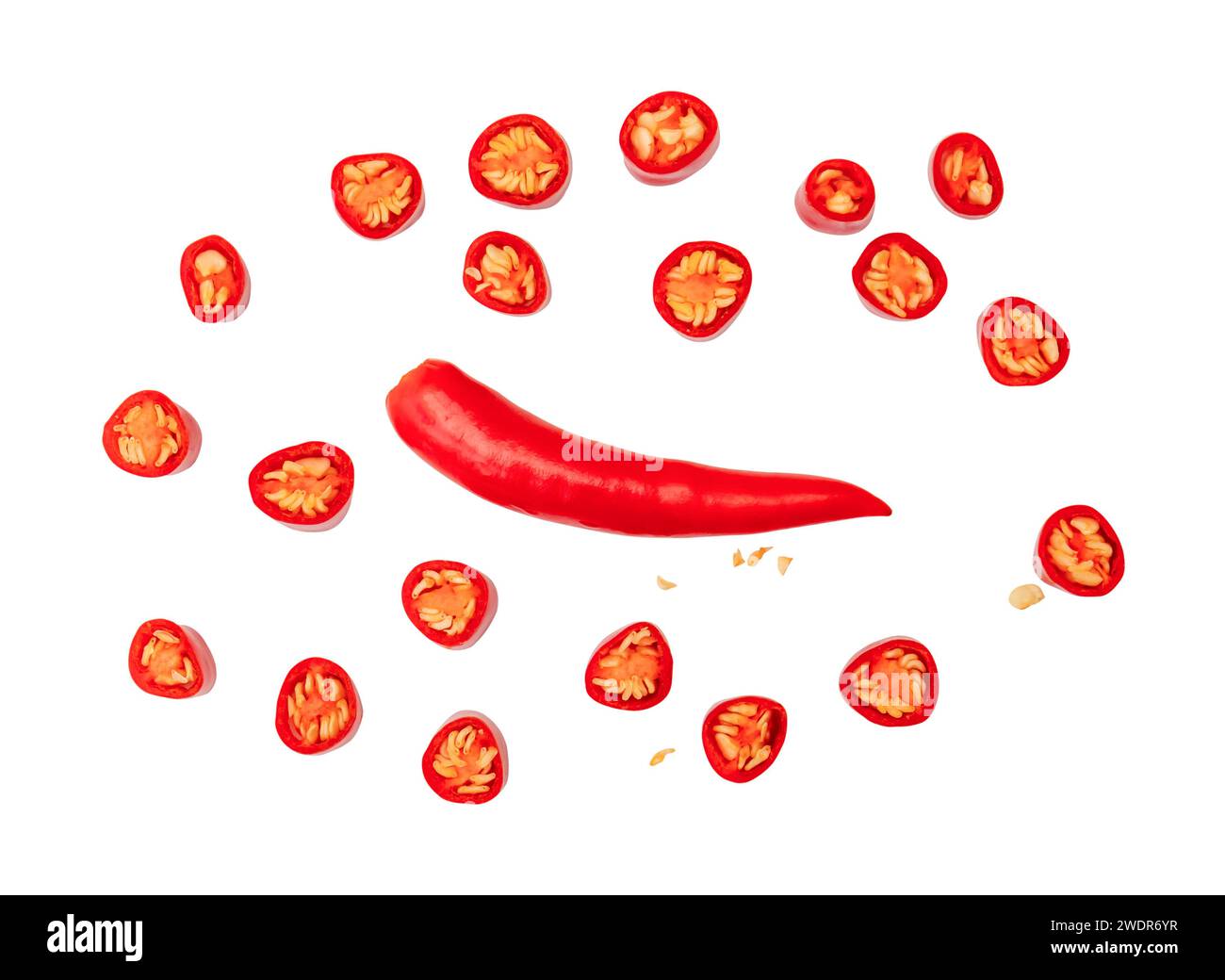 Top view set of fresh red chili pepper with slices or pieces is ...