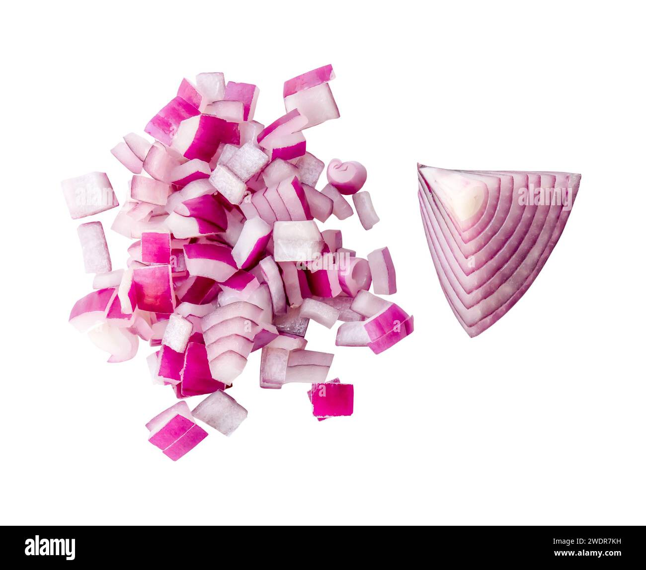 Top view of fresh red or purple onion slices or pieces in stack and set ...