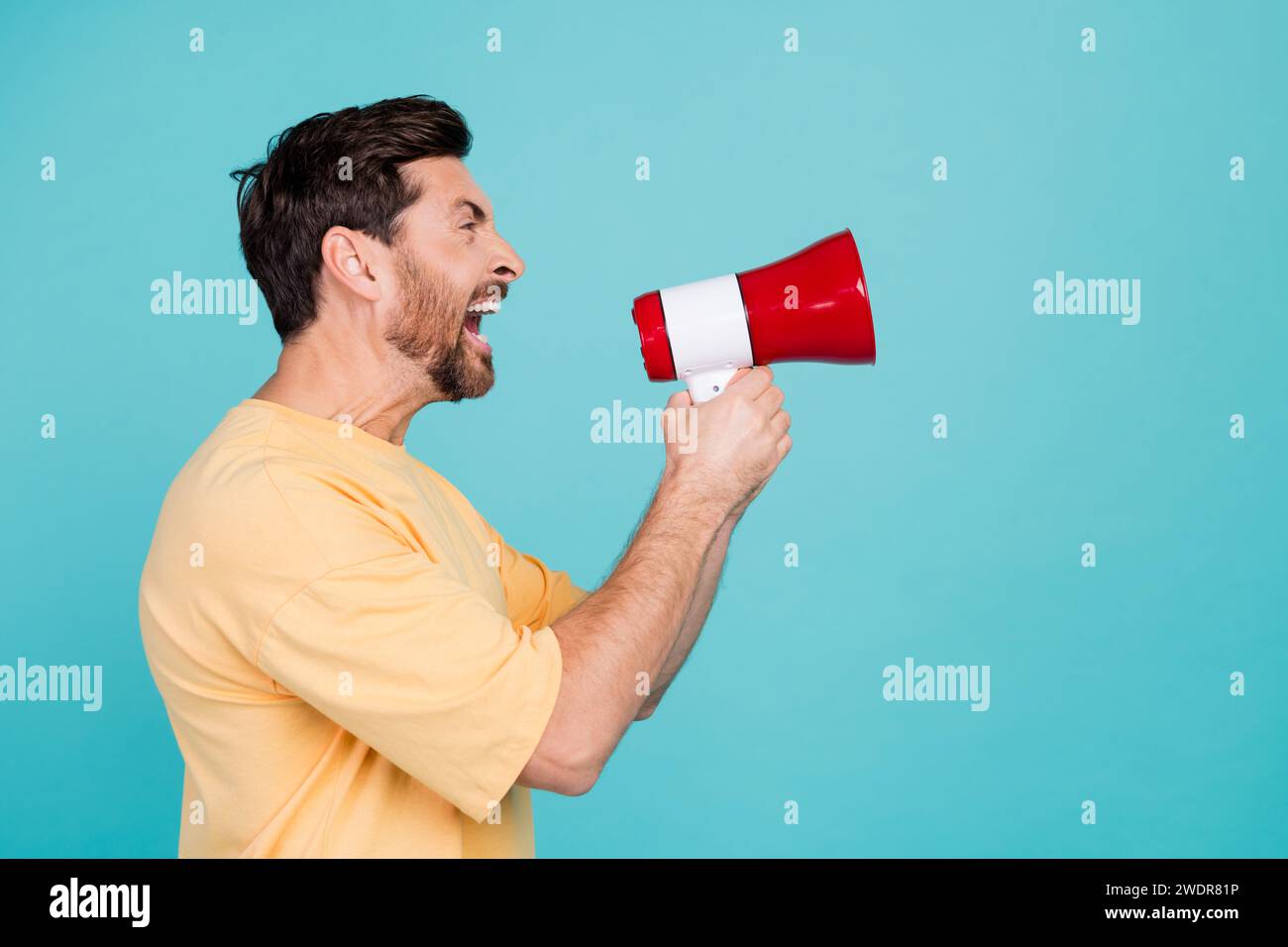 Side profile photo of aggressive man funny activist screaming in ...