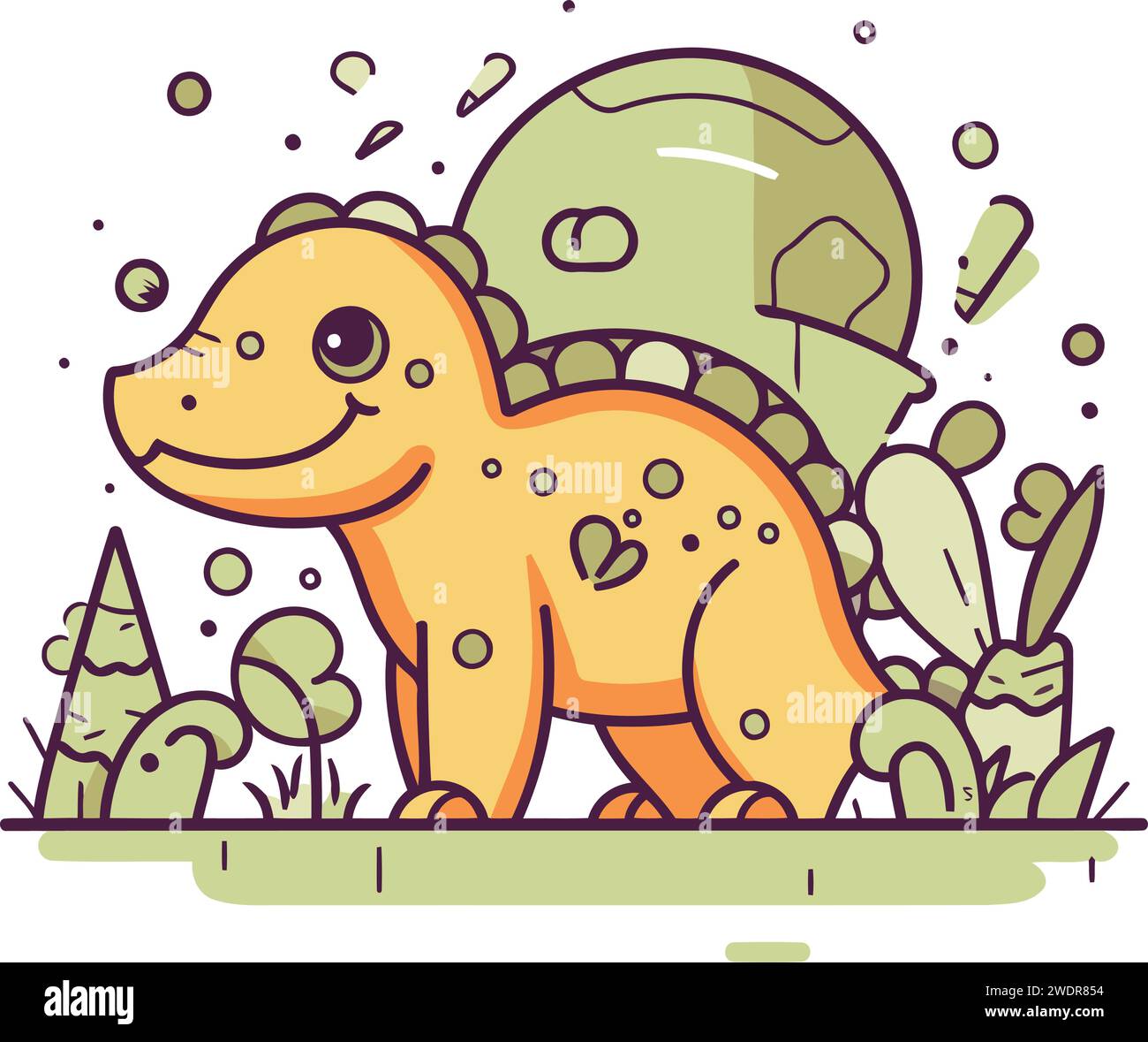 Cute dinosaur in the garden. Vector illustration in flat style Stock ...