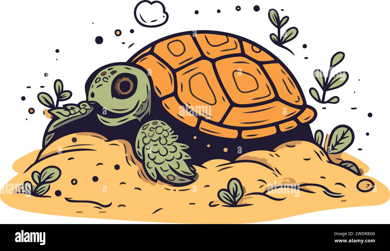 Cartoon turtle on the sand. Vector illustration in doodle style Stock ...
