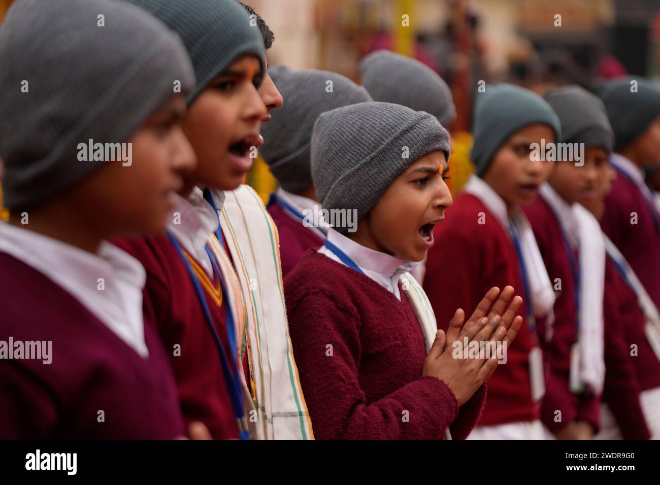 Hindu children pray at Raghutnath temple in Jammu, India, during the ...