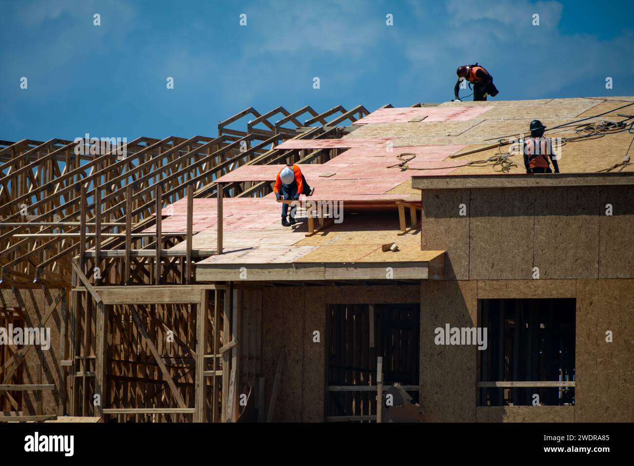 Wooden roof. Roofs repair. Roofer worker install new roof on top roof. Big roof beams. An ...