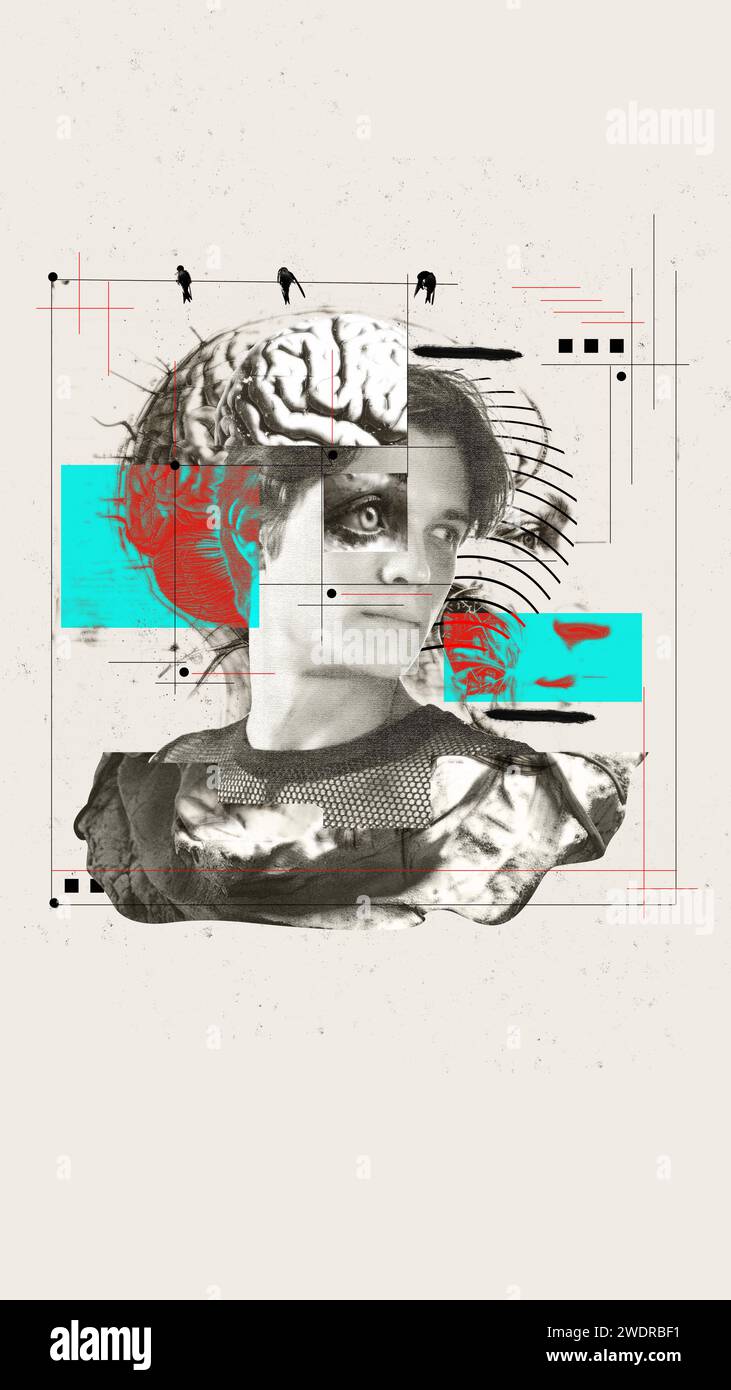 Abstract portrait of male face made of various parts, brain, eye ...