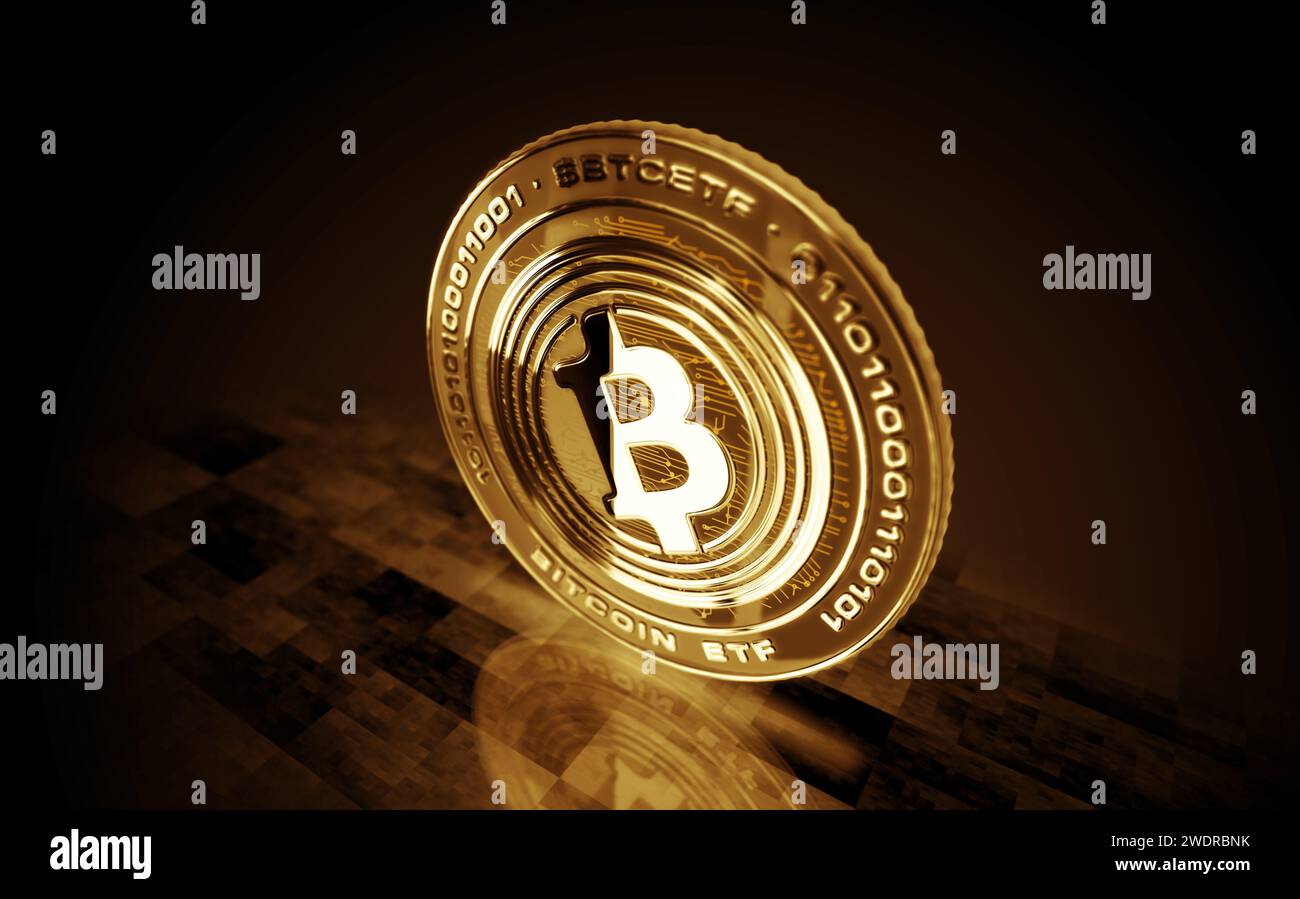 Bitcoin ETF BTC cryptocurrency gold coin on green screen background ...