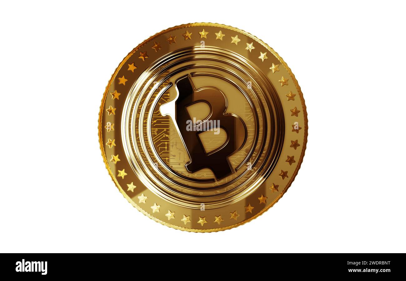 Bitcoin ETF BTC cryptocurrency isolated gold coin on green screen ...