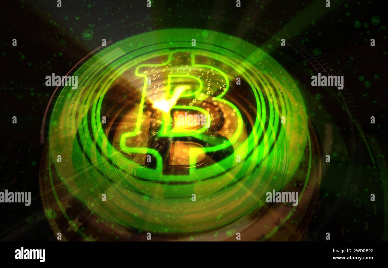 Bitcoin ETF BTC cryptocurrency gold coin on green screen background ...