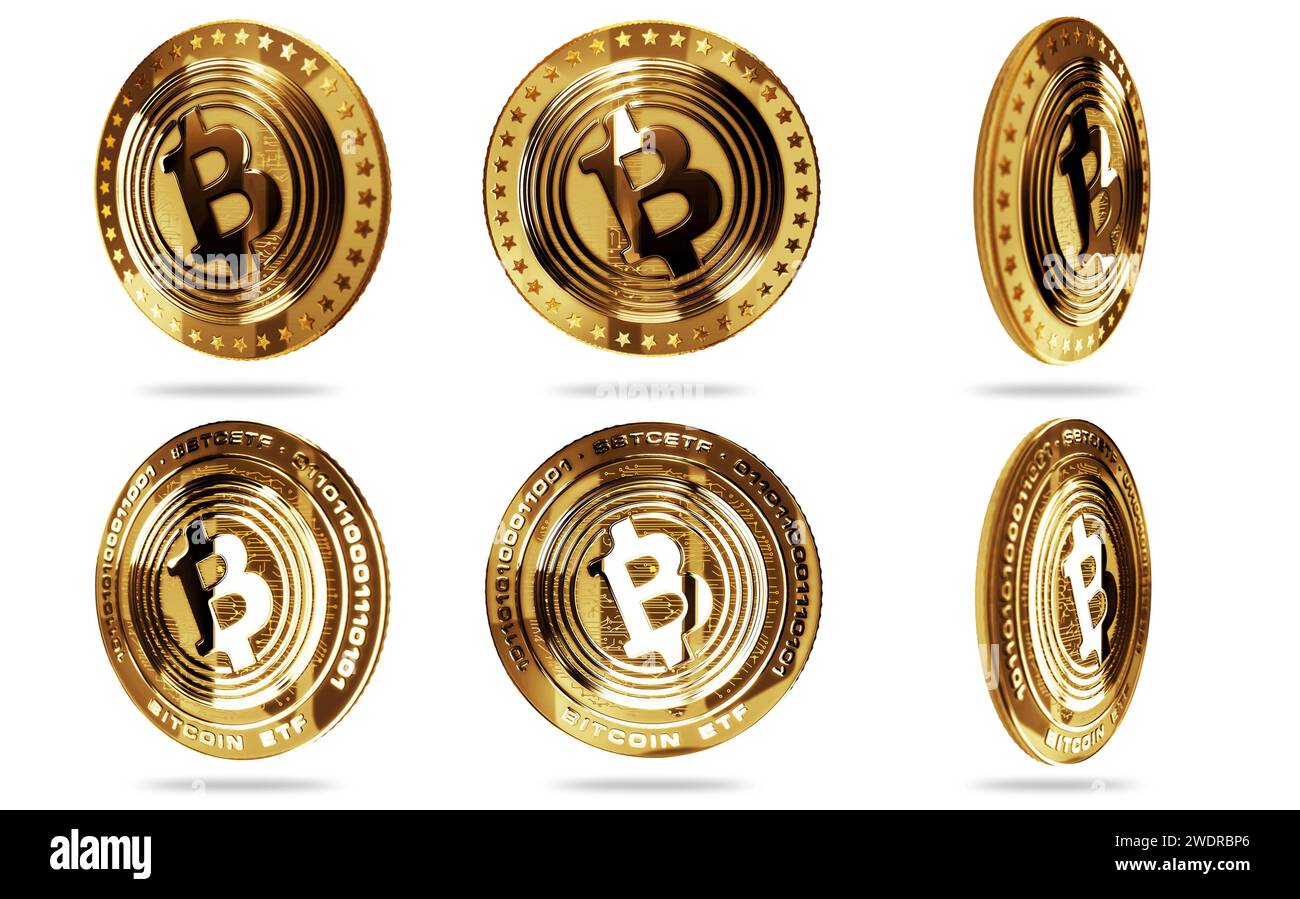 Bitcoin ETF BTC cryptocurrency isolated gold coin on green screen ...