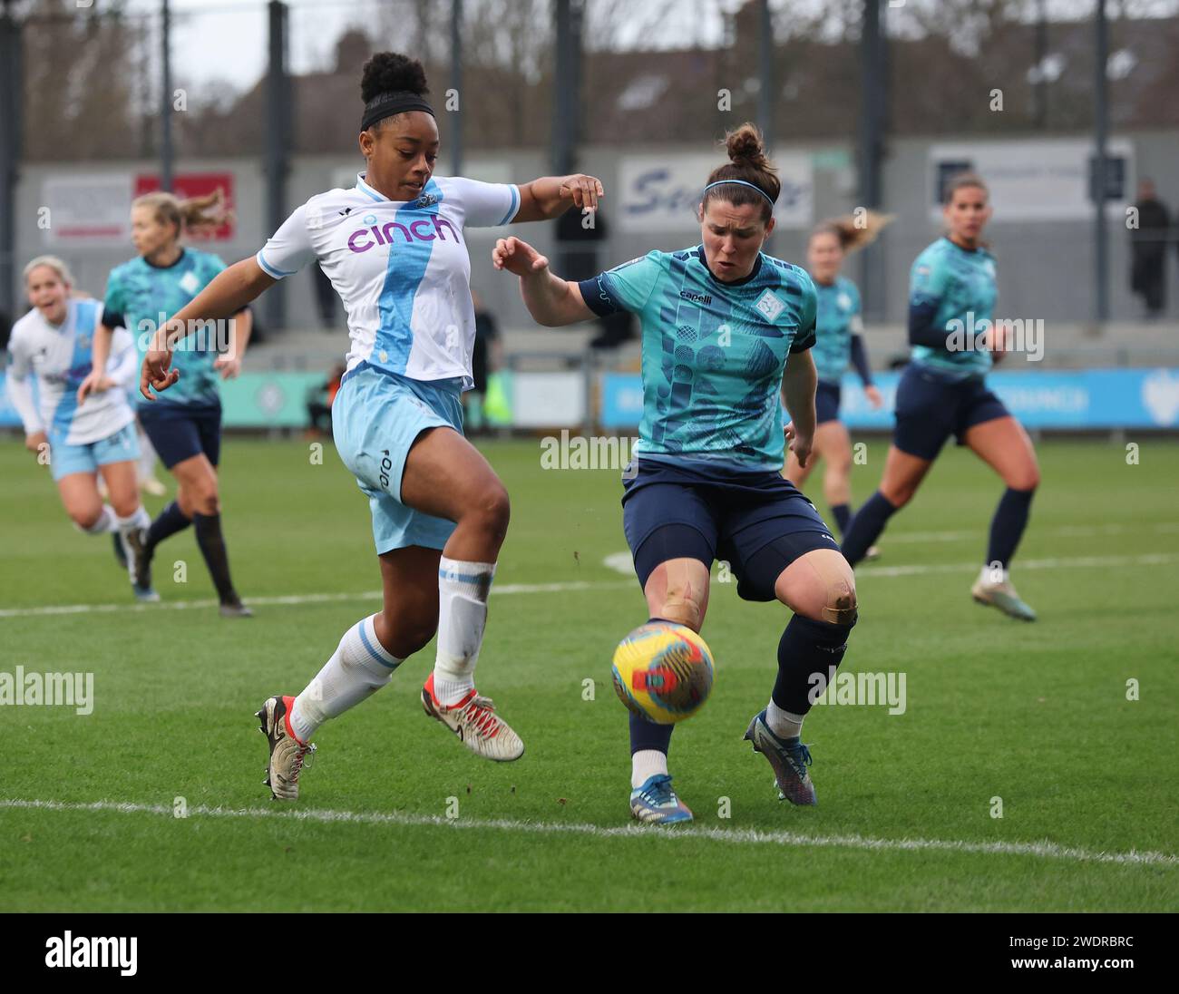 L-R Araya Dennis of Crystal Palace Women and Emma Mukandi of London ...