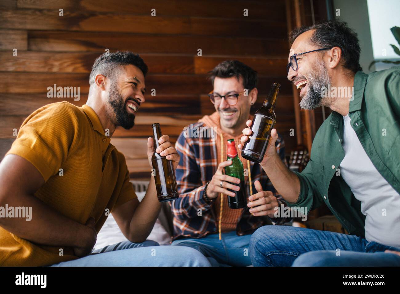 Best friends togehter, drinking beer and talking. Concept of male ...