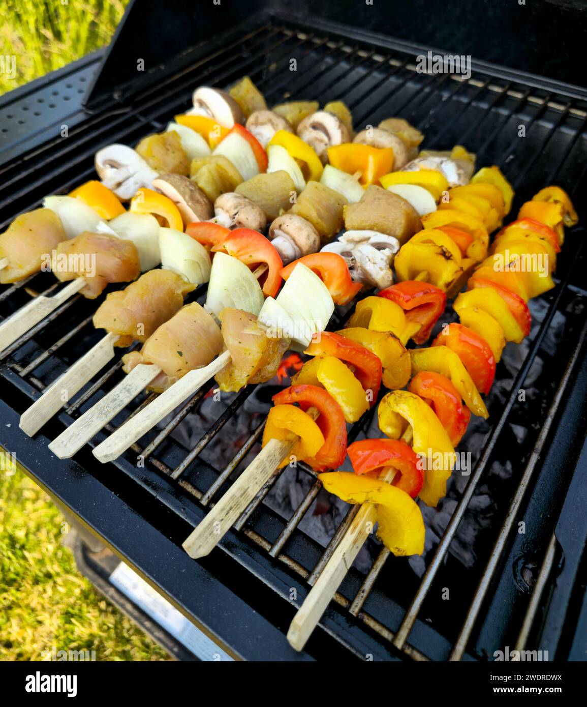 A set of assorted grilled food and vegetable skewers on outdoor grill ...