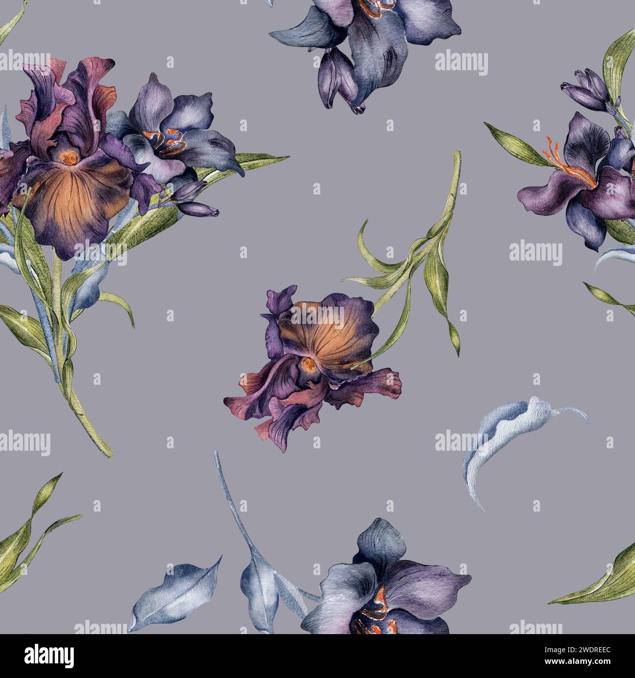 Seamless pattern with watercolor bunch of dark flowers and leaves ...