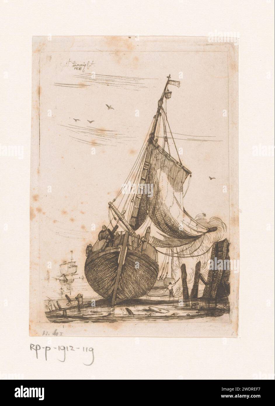 Fishing boats are taught, Egidius Linnig, 1838 print paper etching ...